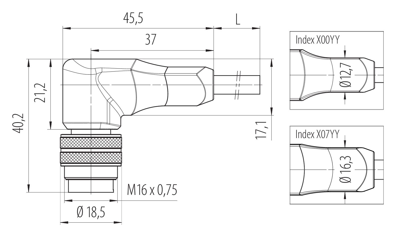 M16, Male angled connector, IP67, unshielded, Contacts: 7 (07-a) | 77 ...