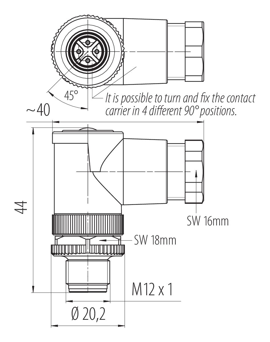 M12, Male angled connector, IP67, unshielded, Contacts: 4 | 99 0429 52 04