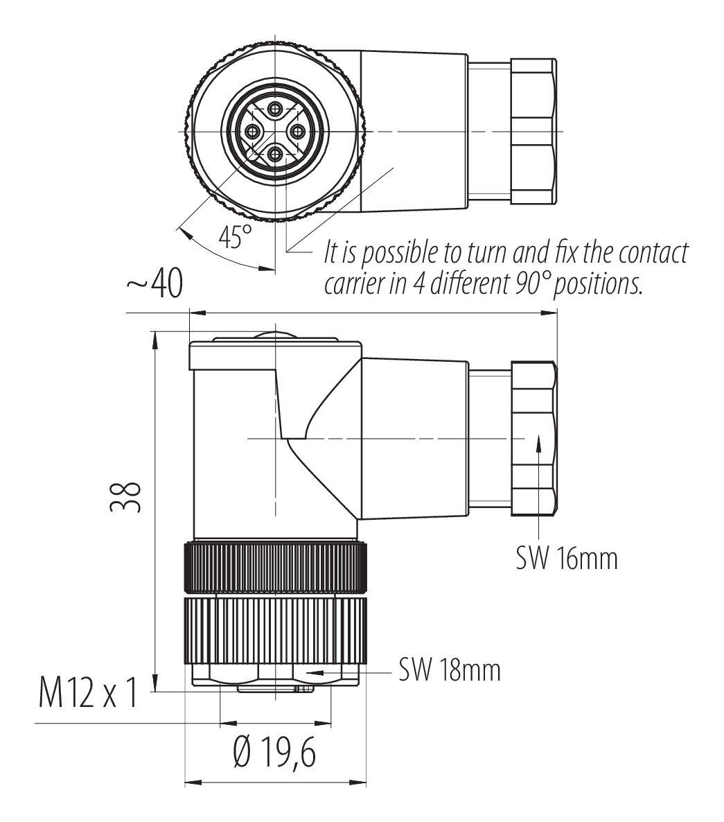 M12, Female angled connector, IP67, unshielded, Contacts: 4 | 99 0430 ...