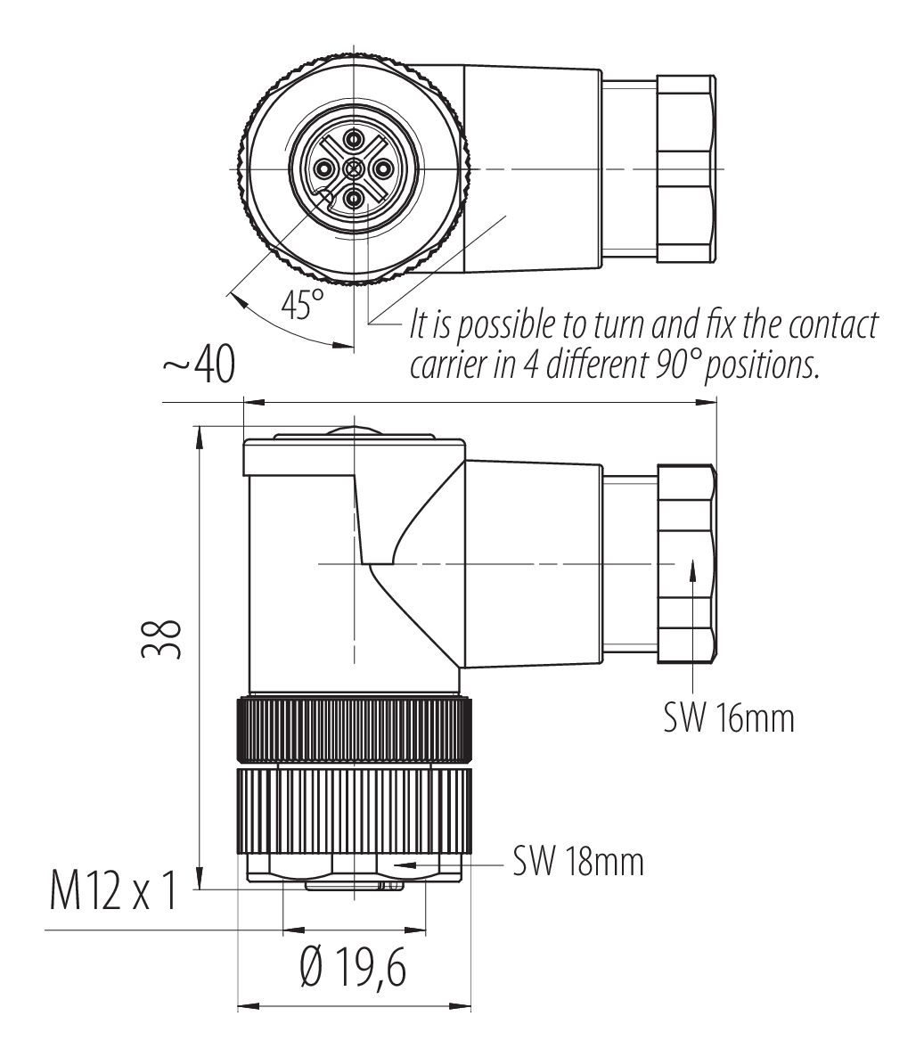 M12, Female angled connector, IP67, unshielded, Contacts: 4 | 99 0430 69 04