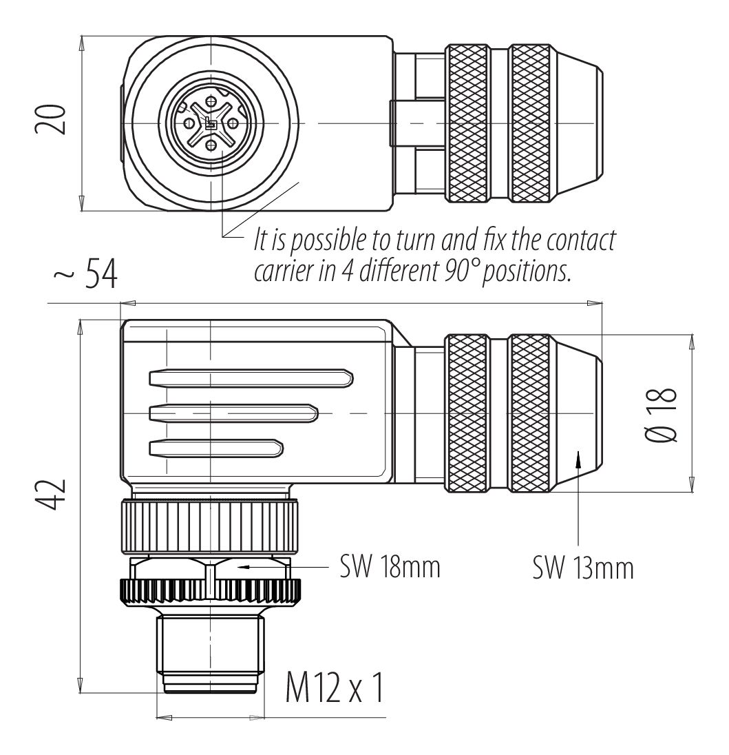 M12, Male angled connector, IP67, shieldable, Contacts: 4 | 99 3729 820 04